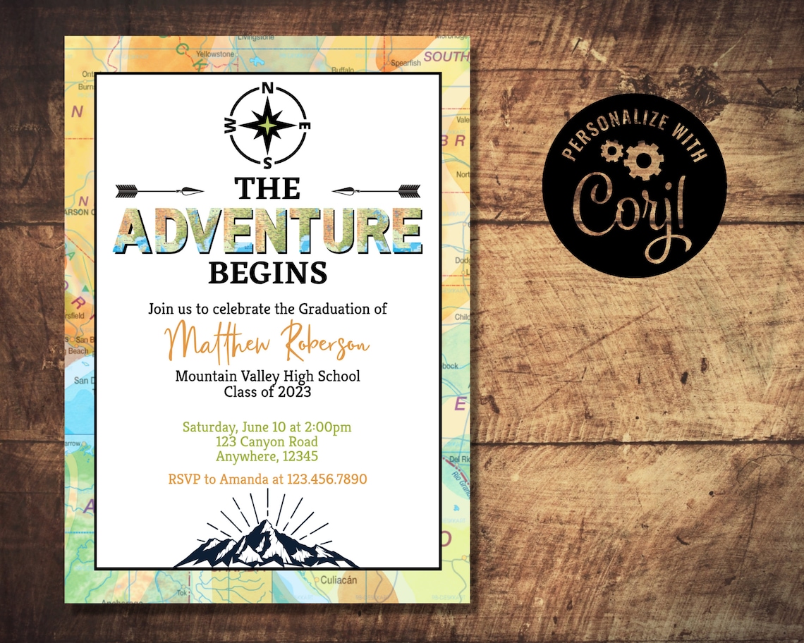 The Adventure Begins Graduation Invitation, Hiking Invite, Mountains ...