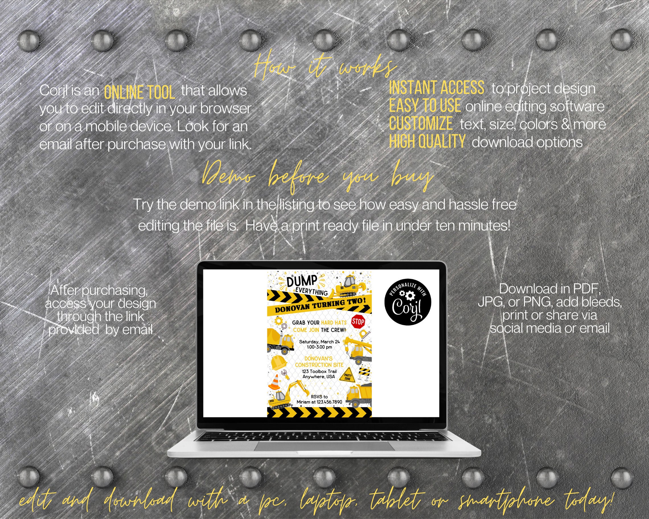 Construction Birthday Invitation, Work Zone Party Invite, Tool Time ...