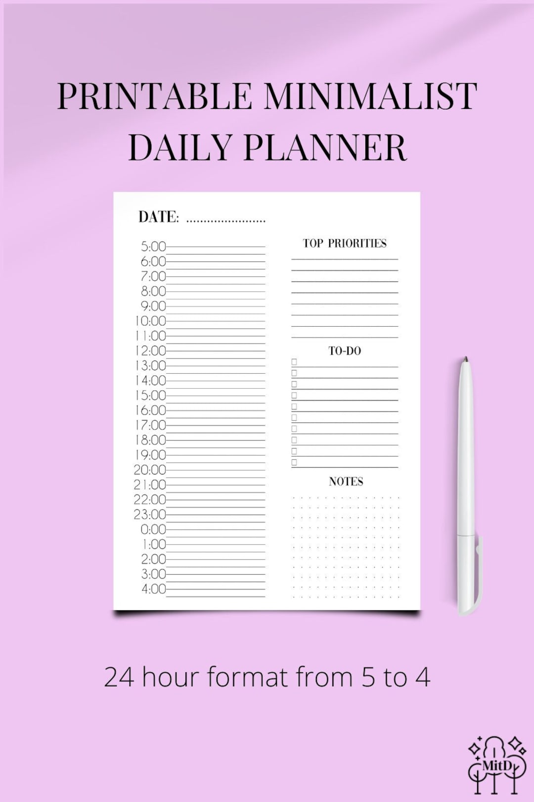 Minimalist 24-hour Printable Daily Planner | 24-hour Format | Half ...
