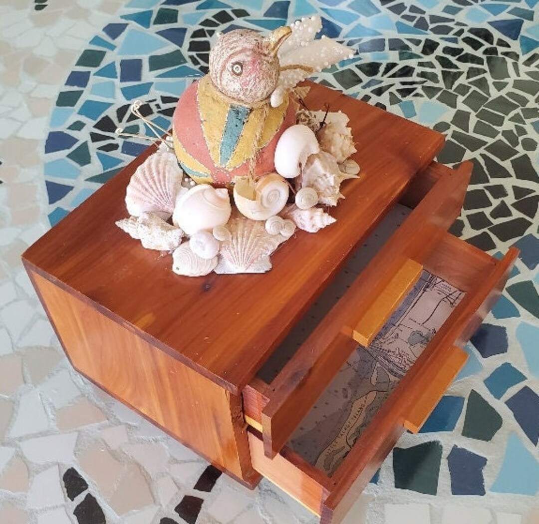 Vintage Wooden 2 Drawer Box Hand Decorated With Shells and Coastal ...