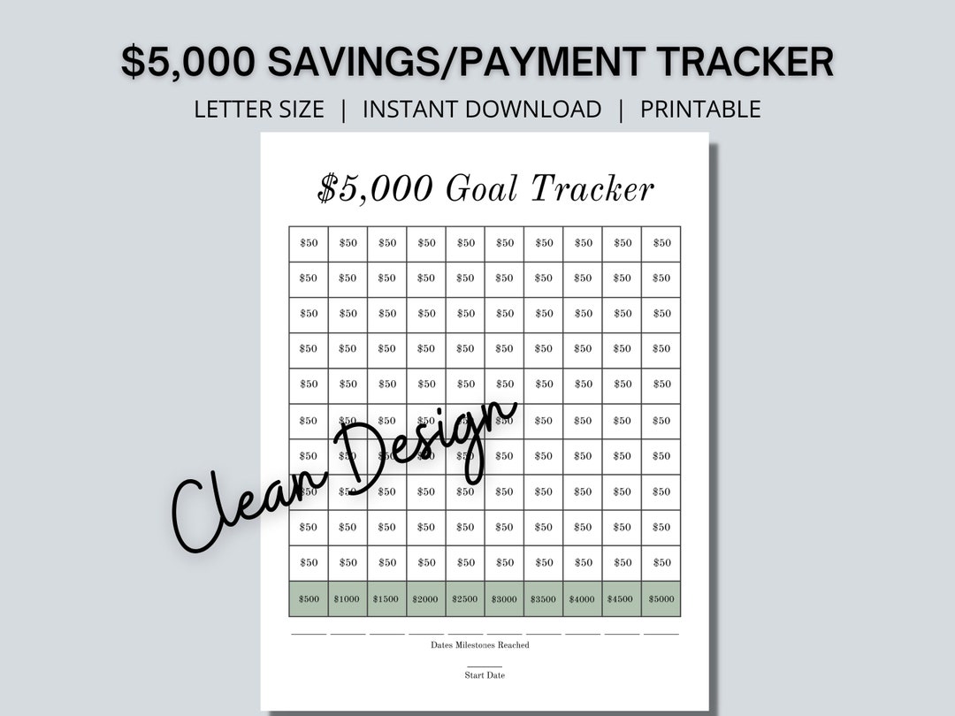 5,000 Savings or Payment Goal Tracker | Instant Download | Printable ...