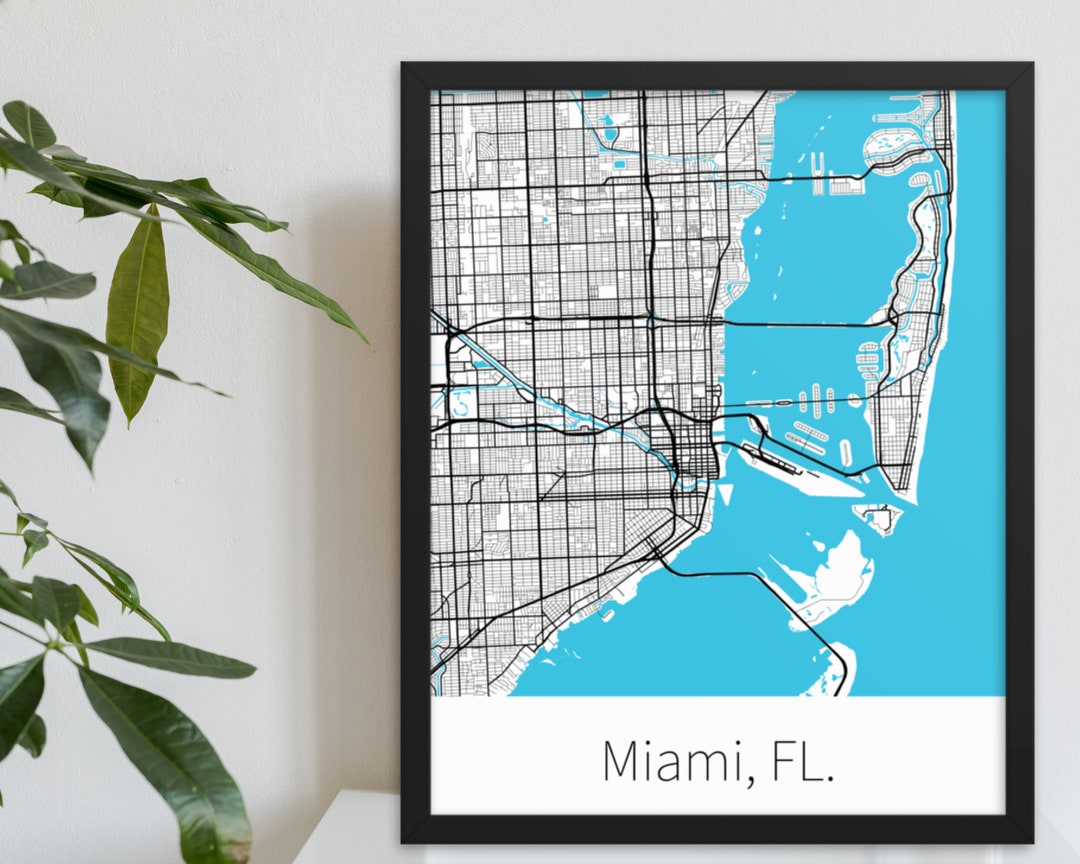Miami, FL. | City Minimalist Map in Black and White | Printed on ...