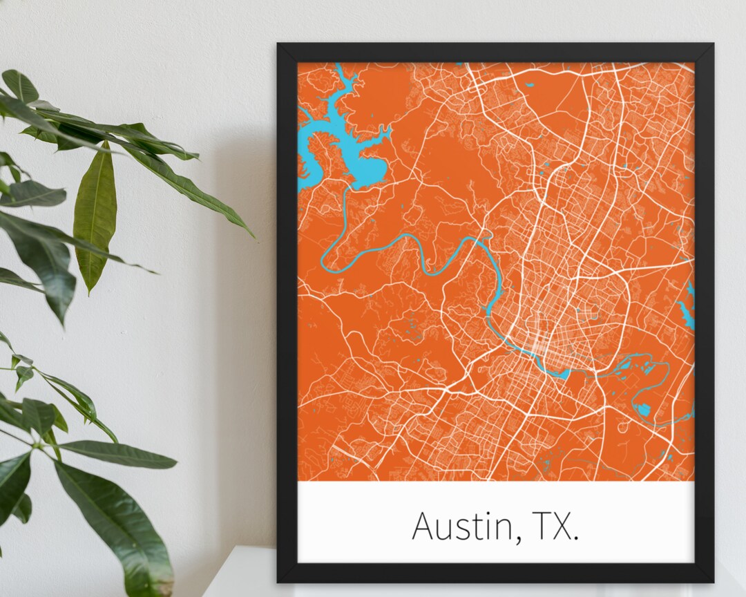 Austin, TX. - Burnt Orange & White | College Town Minimalist Map in ...