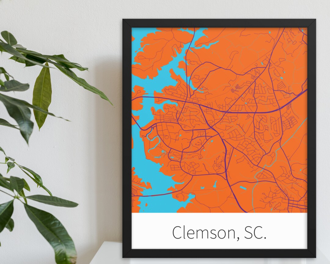 Clemson, SC. - Orange & Regalia | College Town Minimalist Map in ...