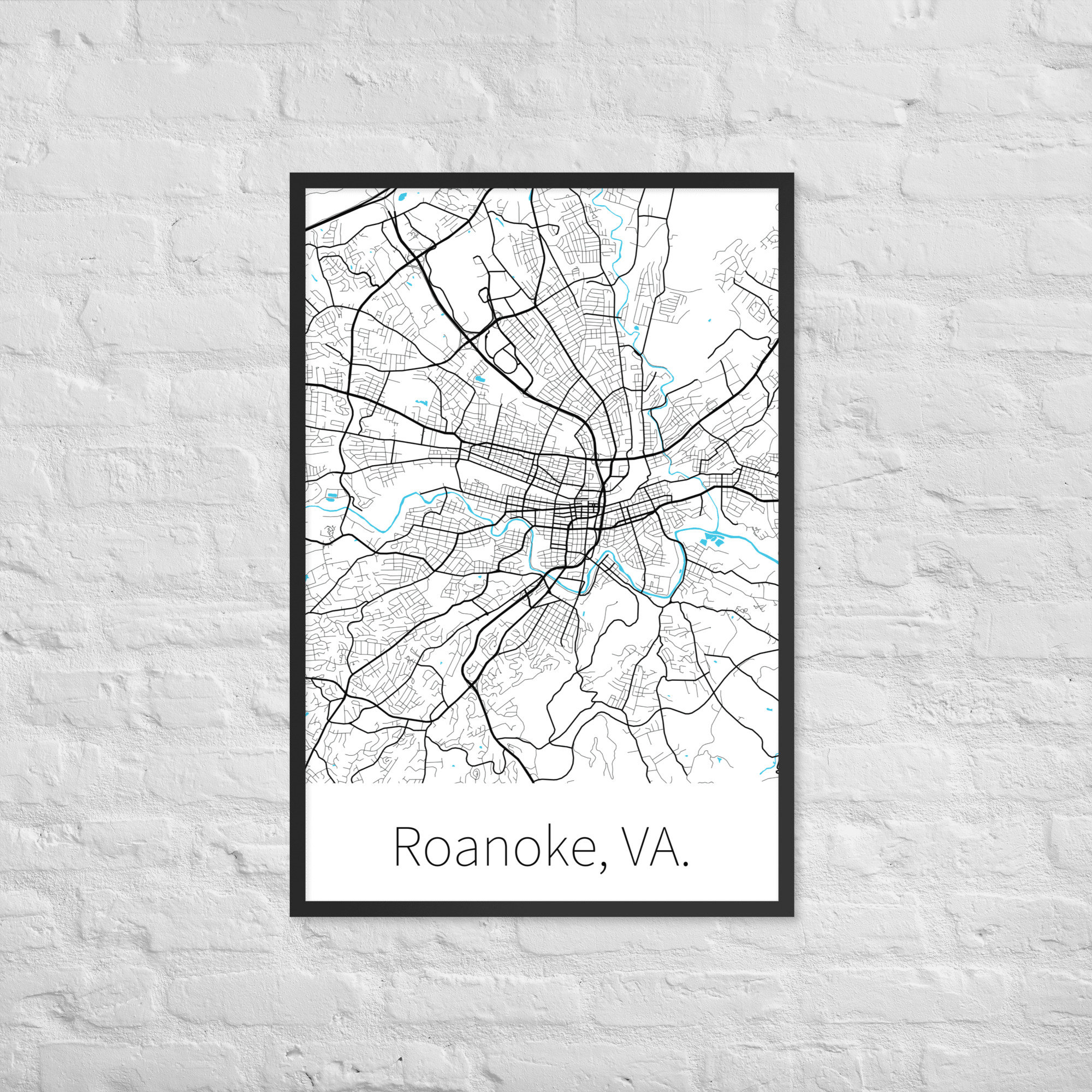 Roanoke, VA. City Minimalist Map in Black and White Printed on Premium ...