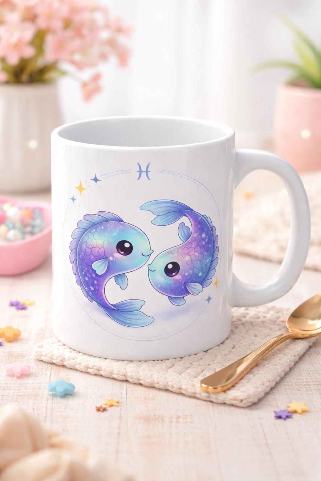Pisces Zodiac Sign Mug - Cute Kawaii Fish - Colorful Animal Design ...