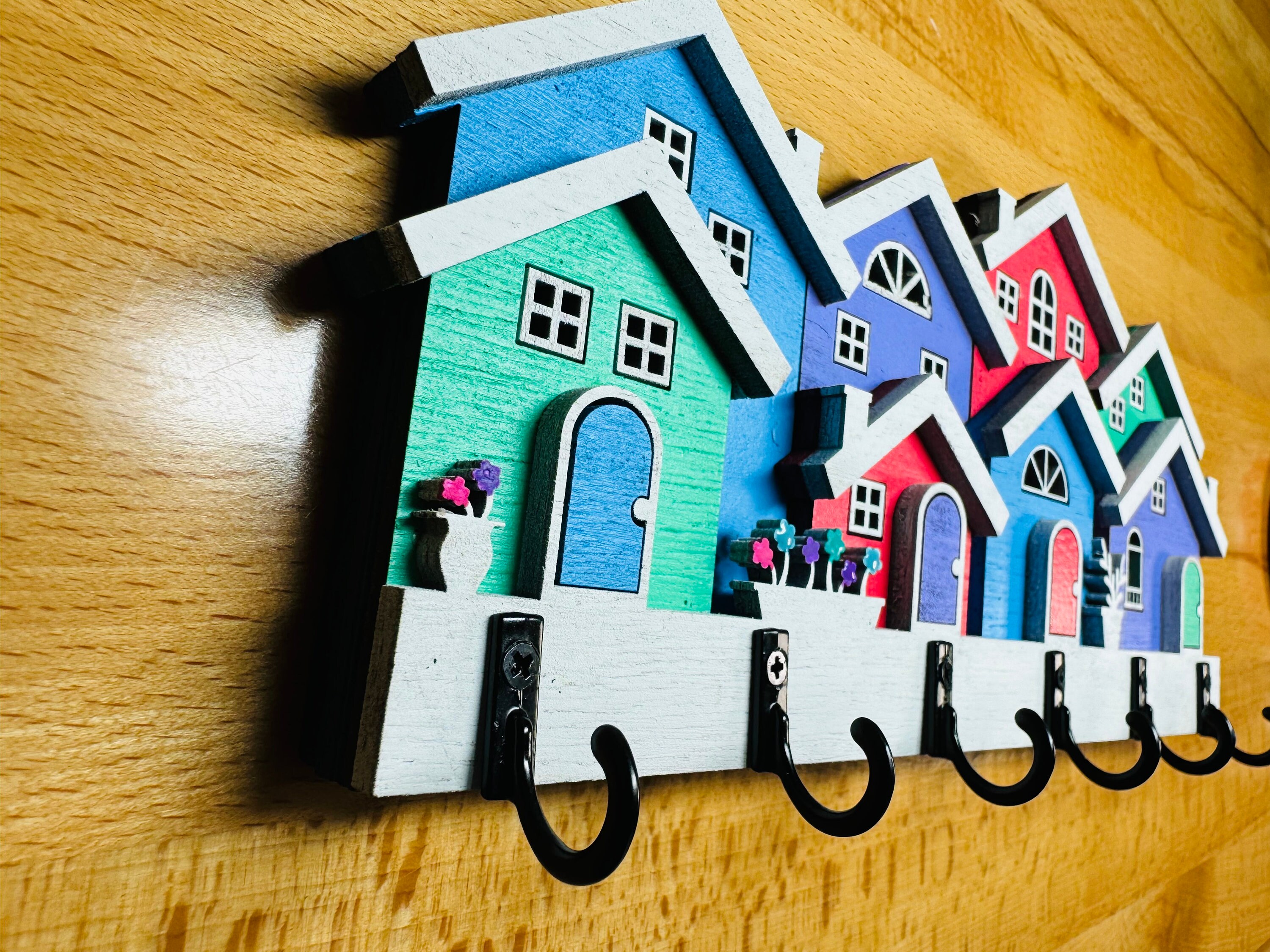 Funky Row of Houses Key Holder Wooden Home Decor With 6 Hooks, Rustic ...