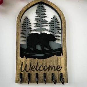Personalized Bear Key Holder | Rustic Woodland Scene | Custom Name or ...