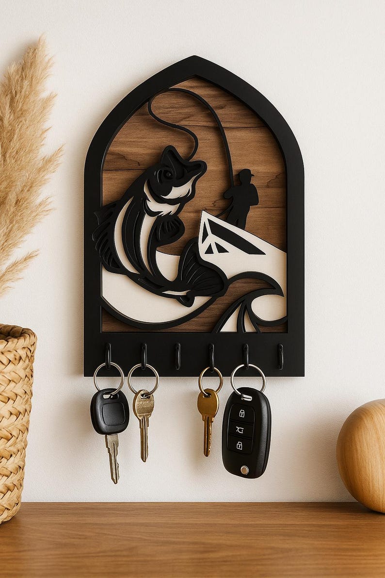 Handcrafted Fishing Keyholder: Laser Cut Bass and Angler Design - Etsy