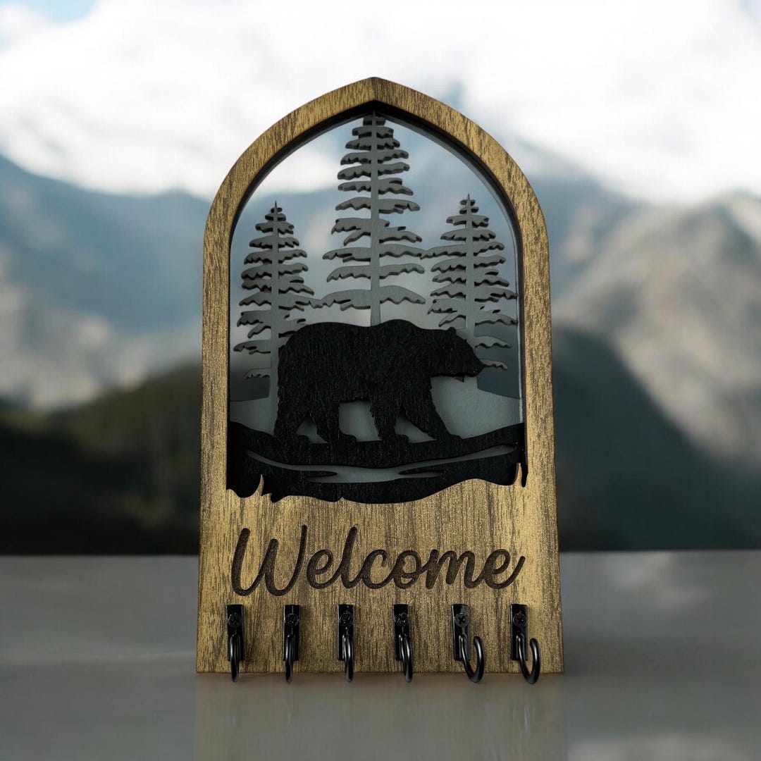 Personalized Bear Key Holder | Rustic Woodland Scene | Custom Name or ...