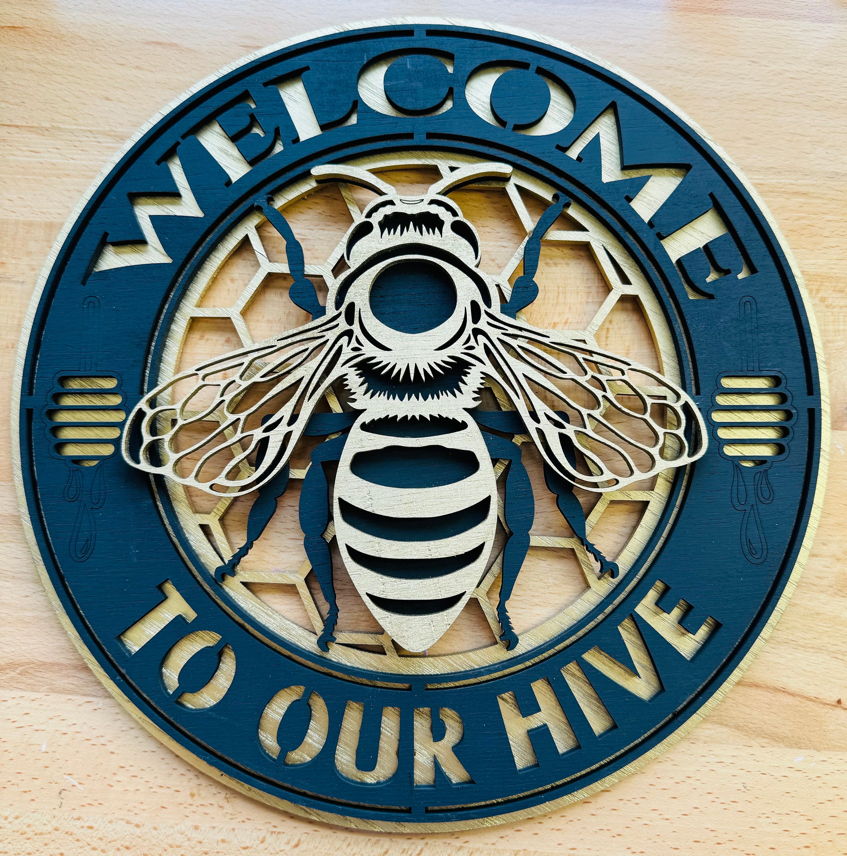 Welcome to Our Hive Sign - 12" Black & Gold Wood Welcome Sign - Bee ...