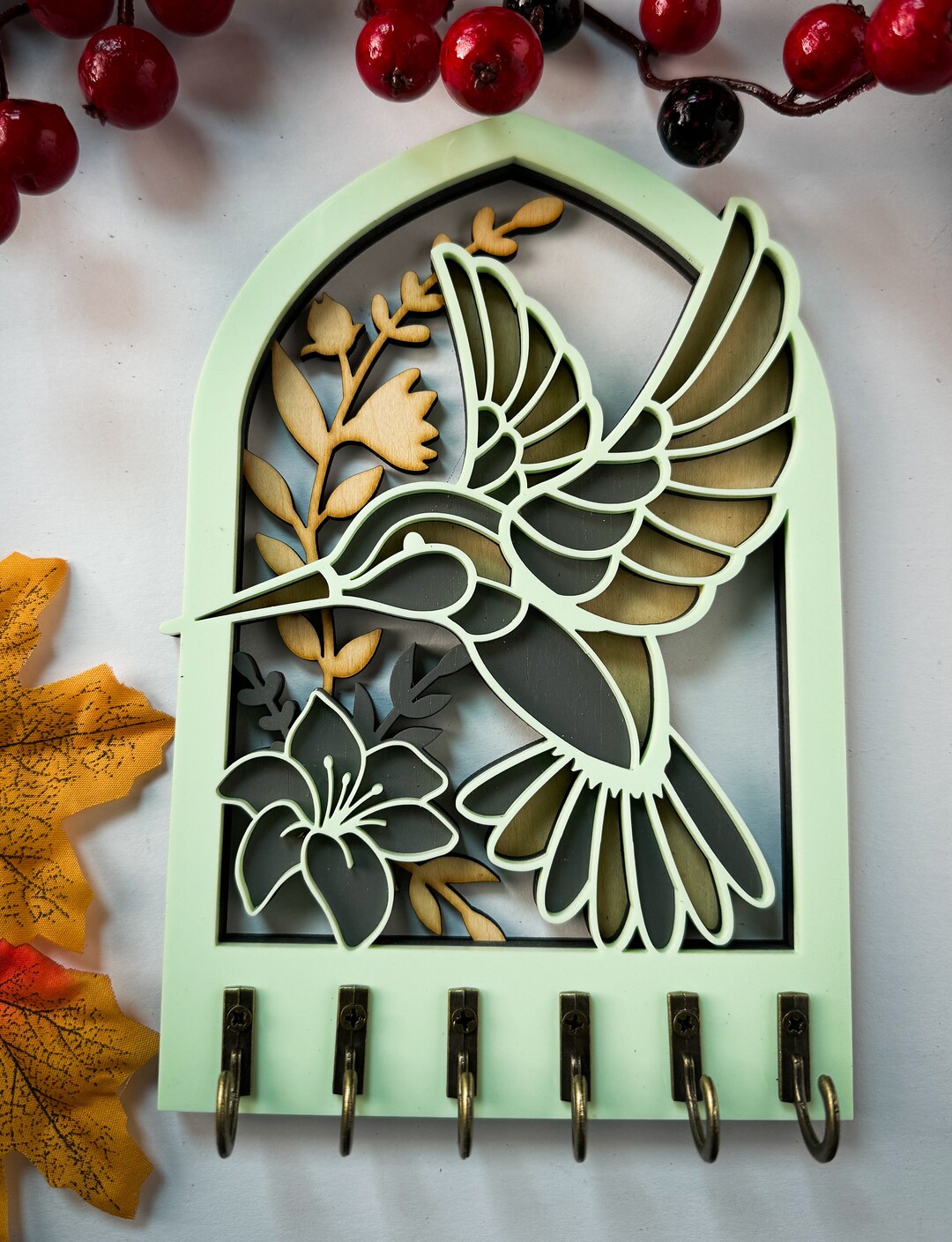 Handpainted Hummingbird Wood Key Holder | Laser Cut Wall Art - Etsy