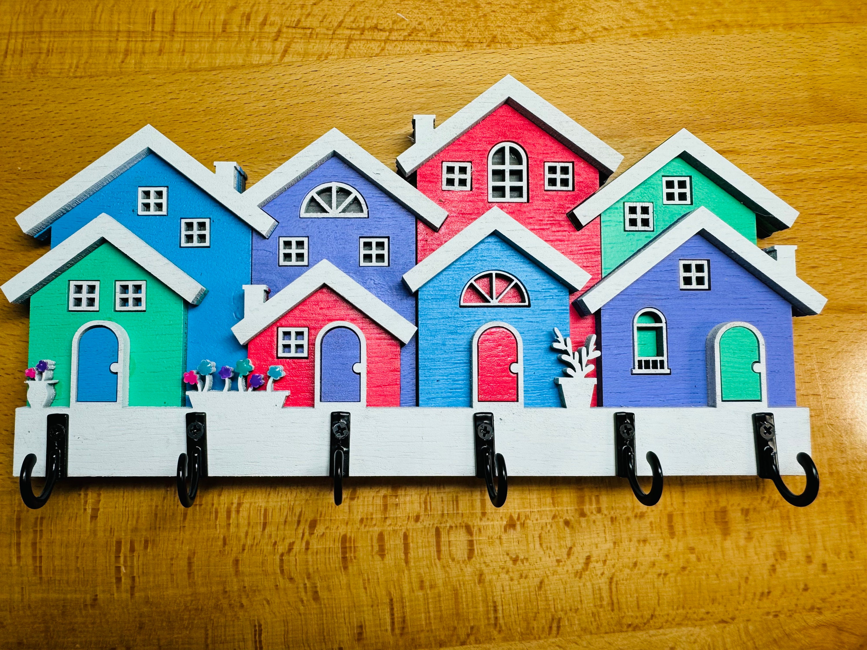 Funky Row of Houses Key Holder Wooden Home Decor With 6 Hooks, Rustic ...