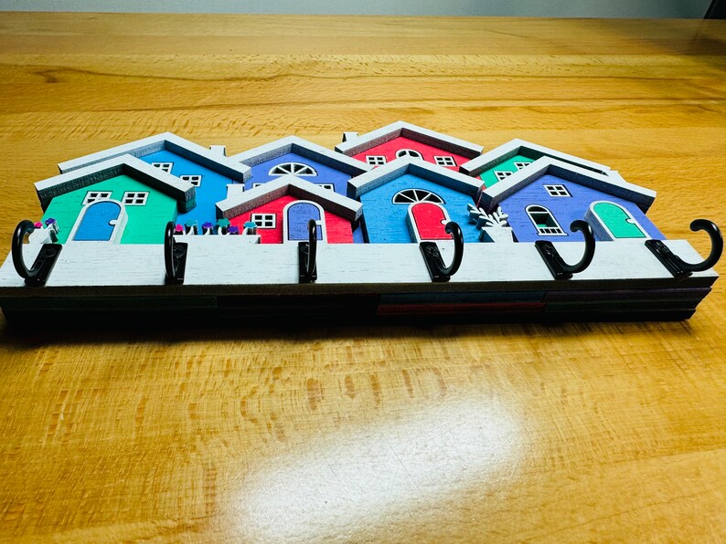 Funky Row of Houses Key Holder Wooden Home Decor With 6 Hooks, Rustic ...