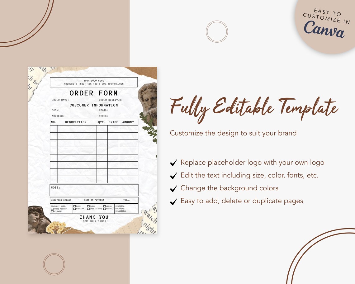 Vintage Order Form Template Printable Fully Editable on - Etsy