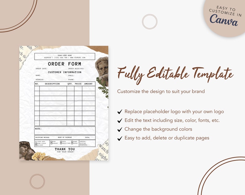 Vintage Order Form Template Printable Fully Editable on - Etsy