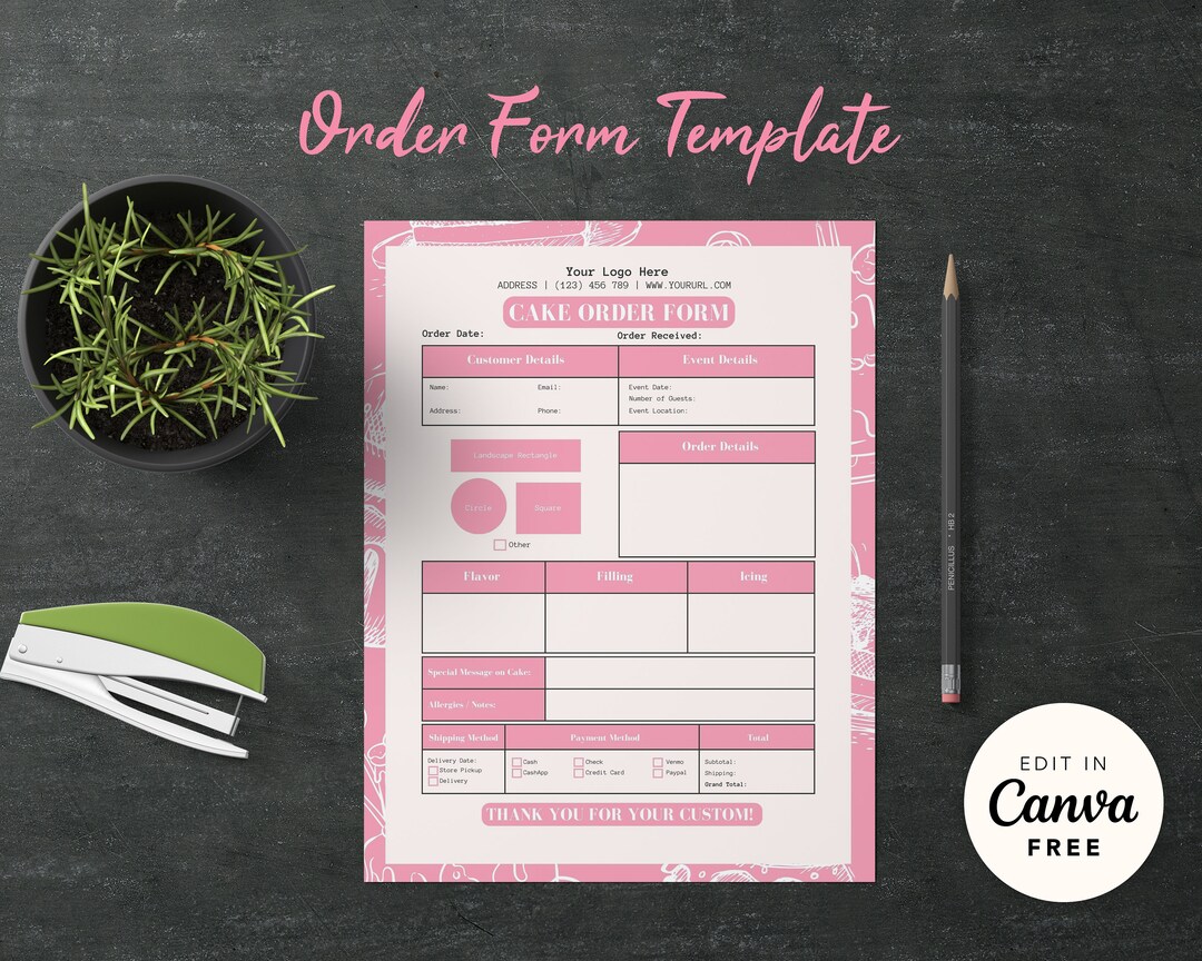 Cake Pink Order Form Template Printable & Fully Editable CANVA FREE ...