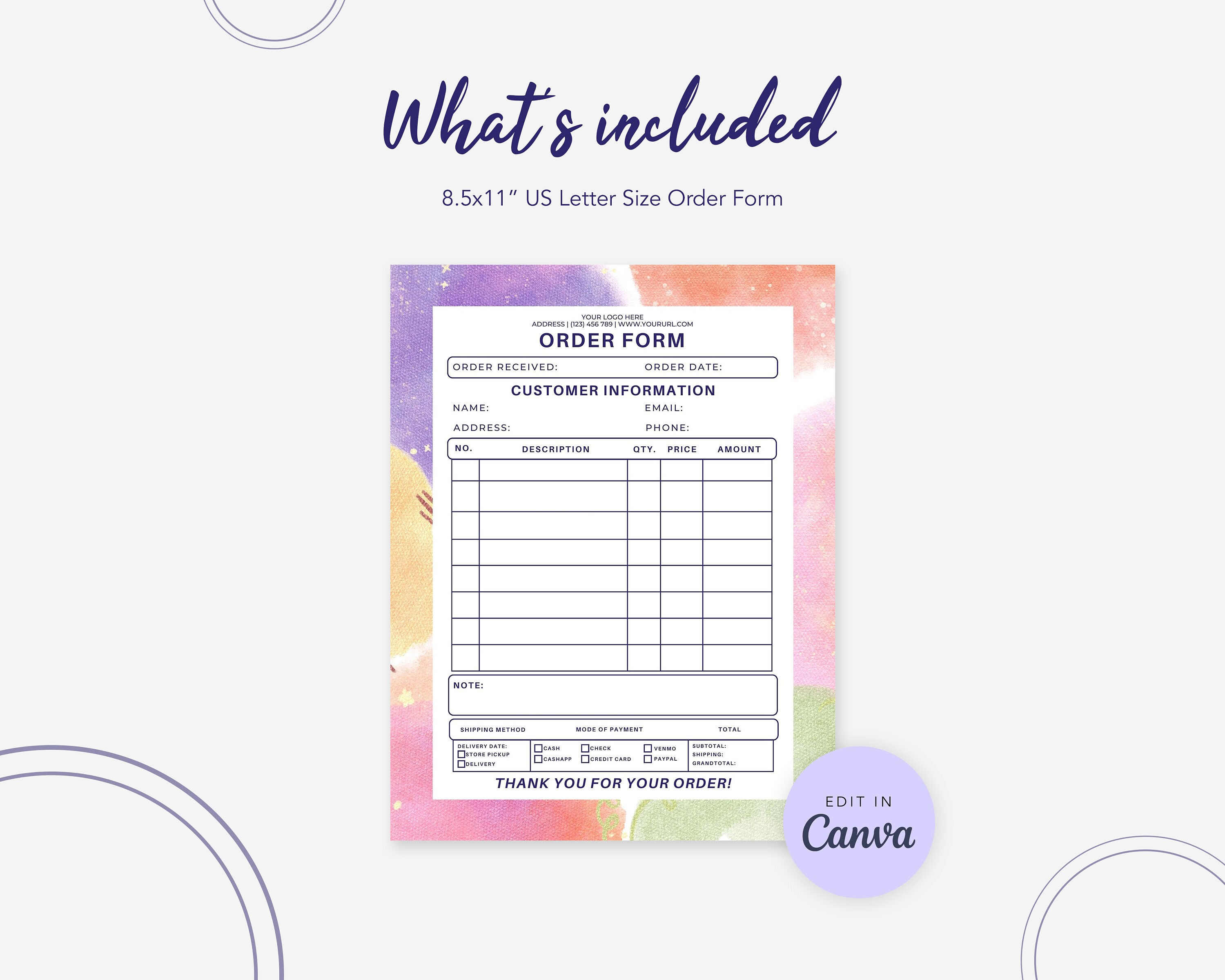Modern Colourful Printable Order Form Template Editable CANVA FREE ...