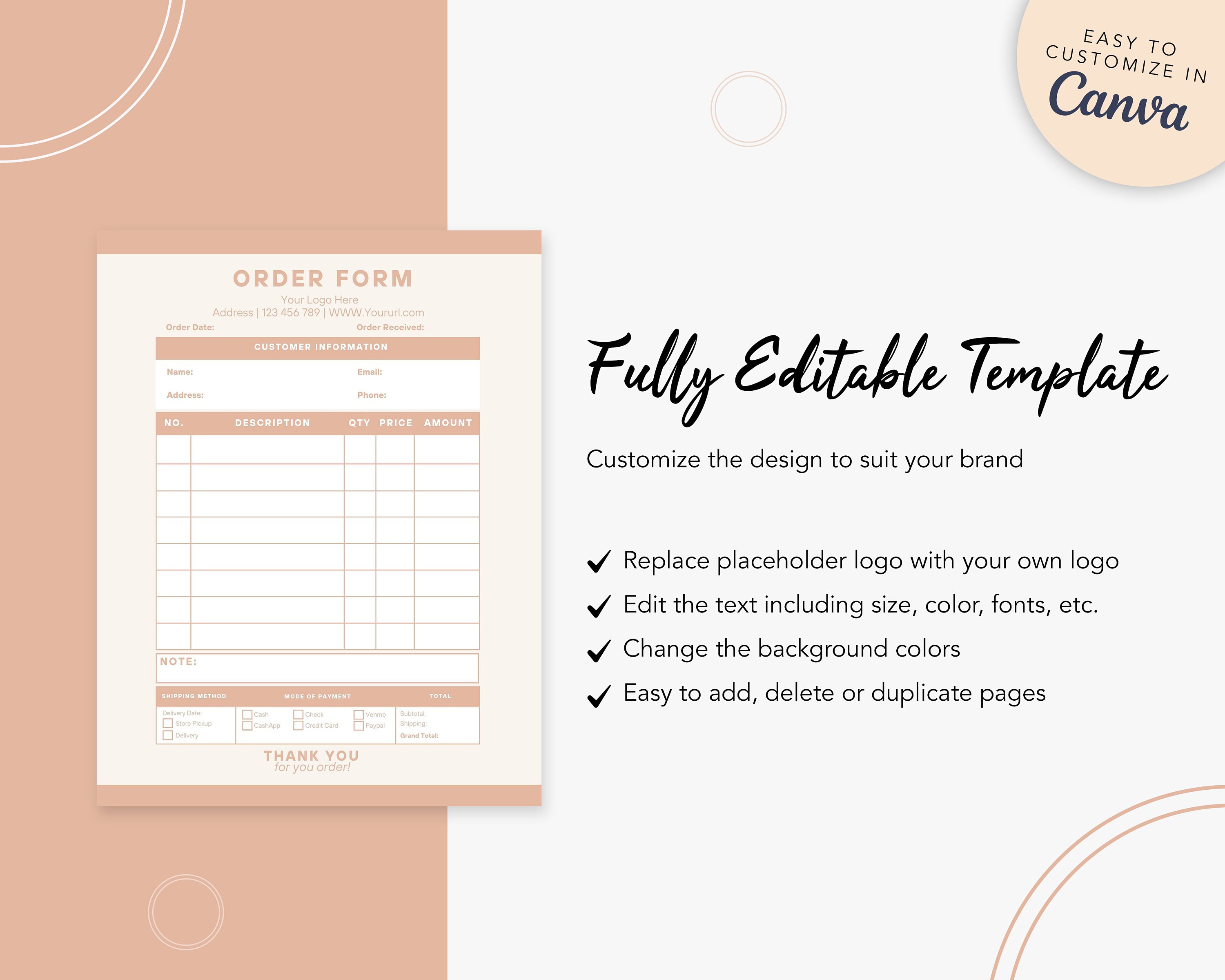 Pink Printable Order Form Template Fully Editable on CANVA FREE Small ...