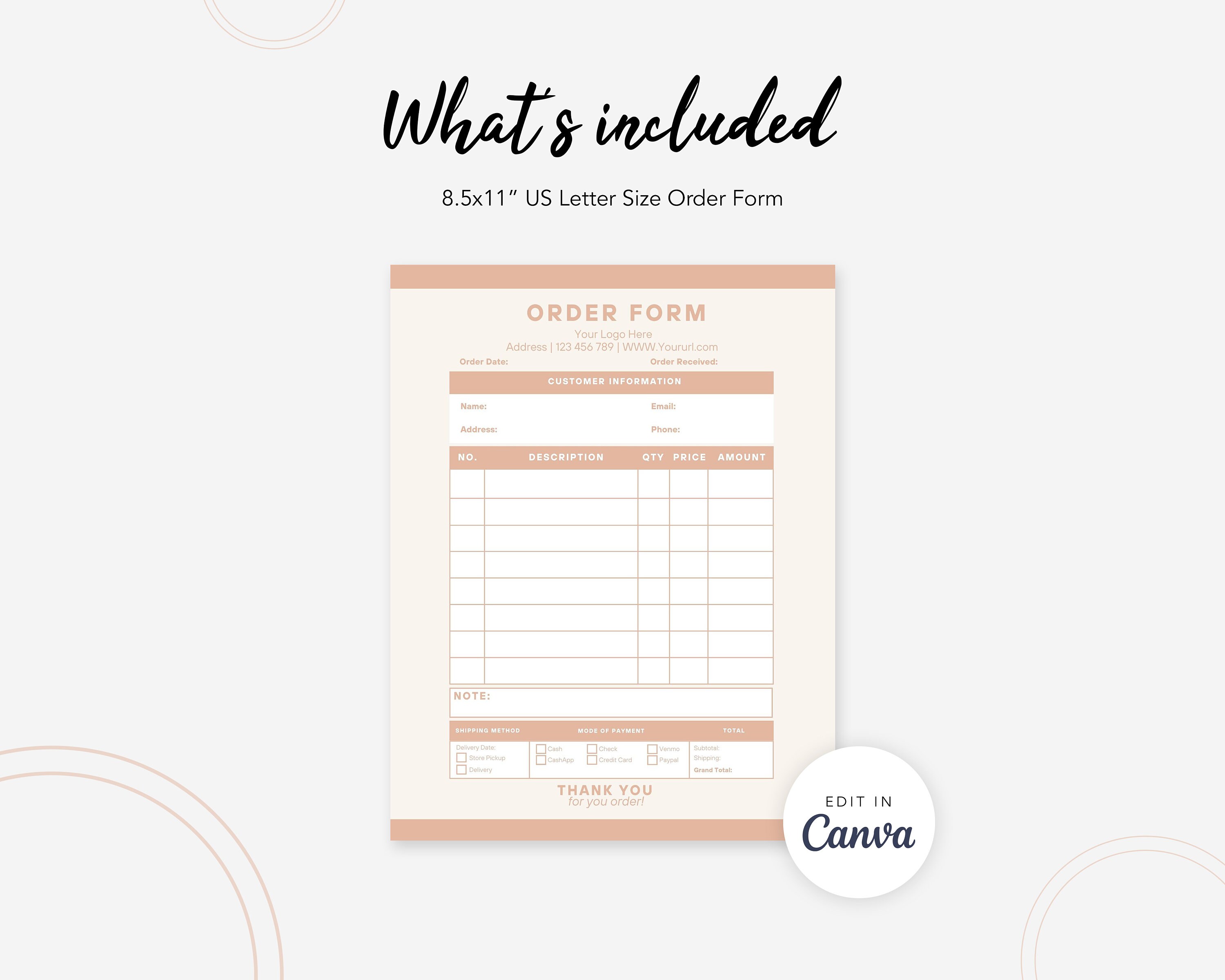 Pink Printable Order Form Template Fully Editable on CANVA FREE Small ...
