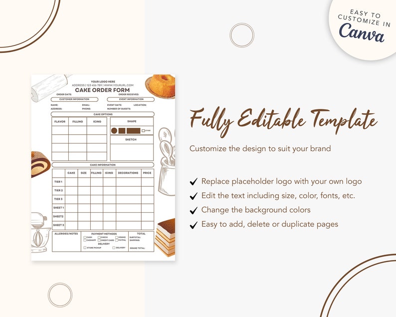 Baking Order Form Template Printable Fully Editable on CANVA FREE Small ...