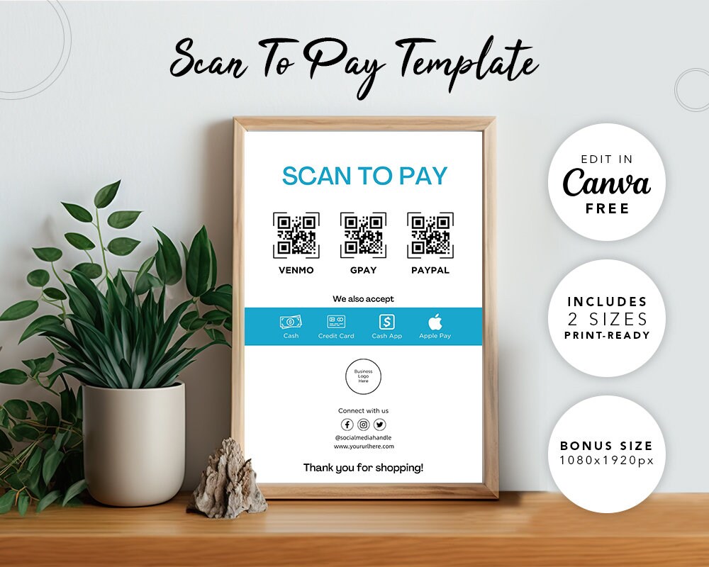 Printable Scan to Pay Template Fully Editable Sign QR Code Included ...