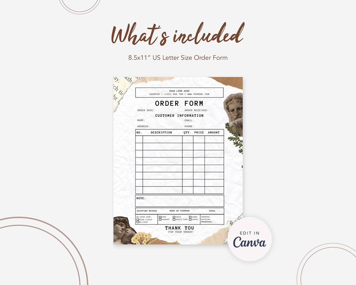 Vintage Order Form Template Printable Fully Editable on - Etsy