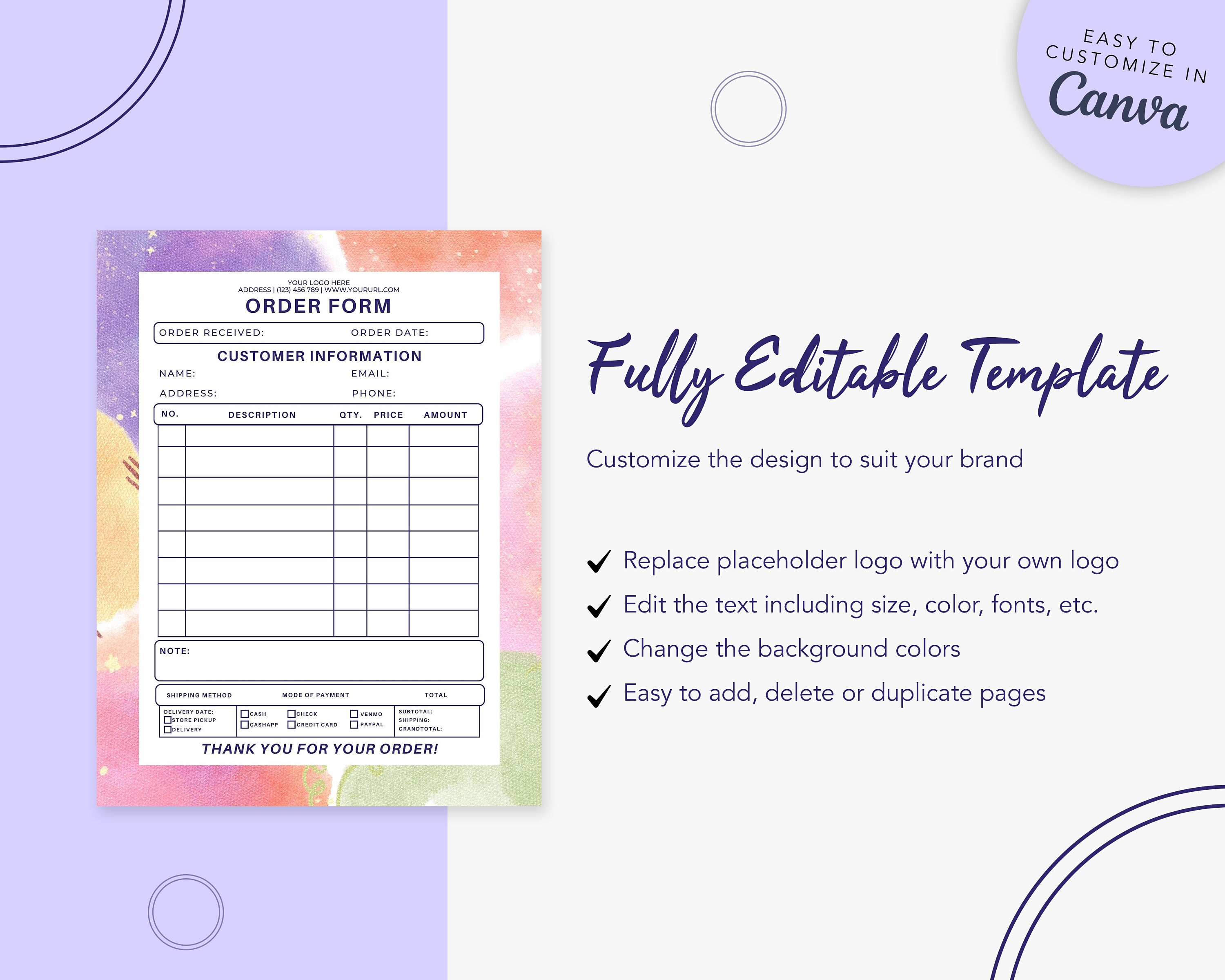 Modern Colourful Printable Order Form Template Editable CANVA FREE ...