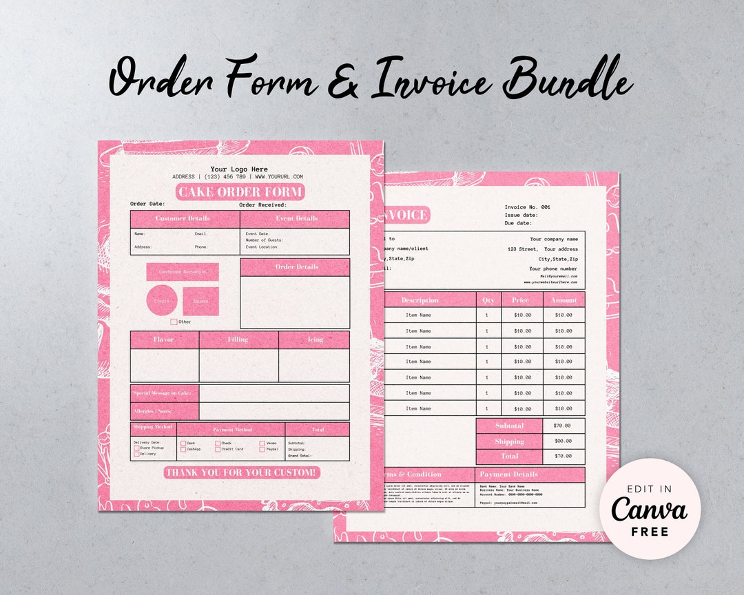 Cake Invoice and Order Form Bundle Fully Editable Printable CANVA FREE ...