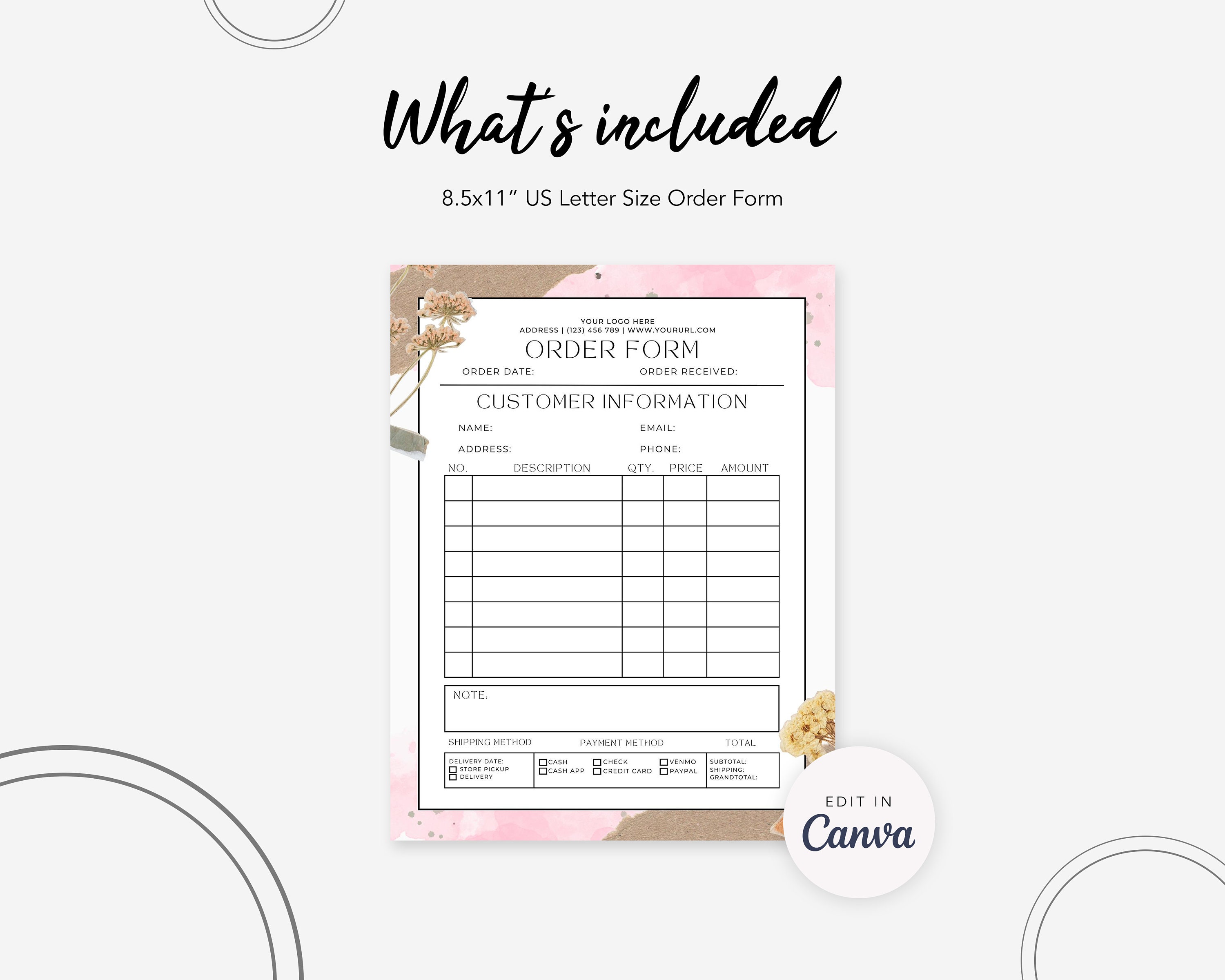 Cute Printable Order Form Template Fully Editable CANVA FREE - Etsy