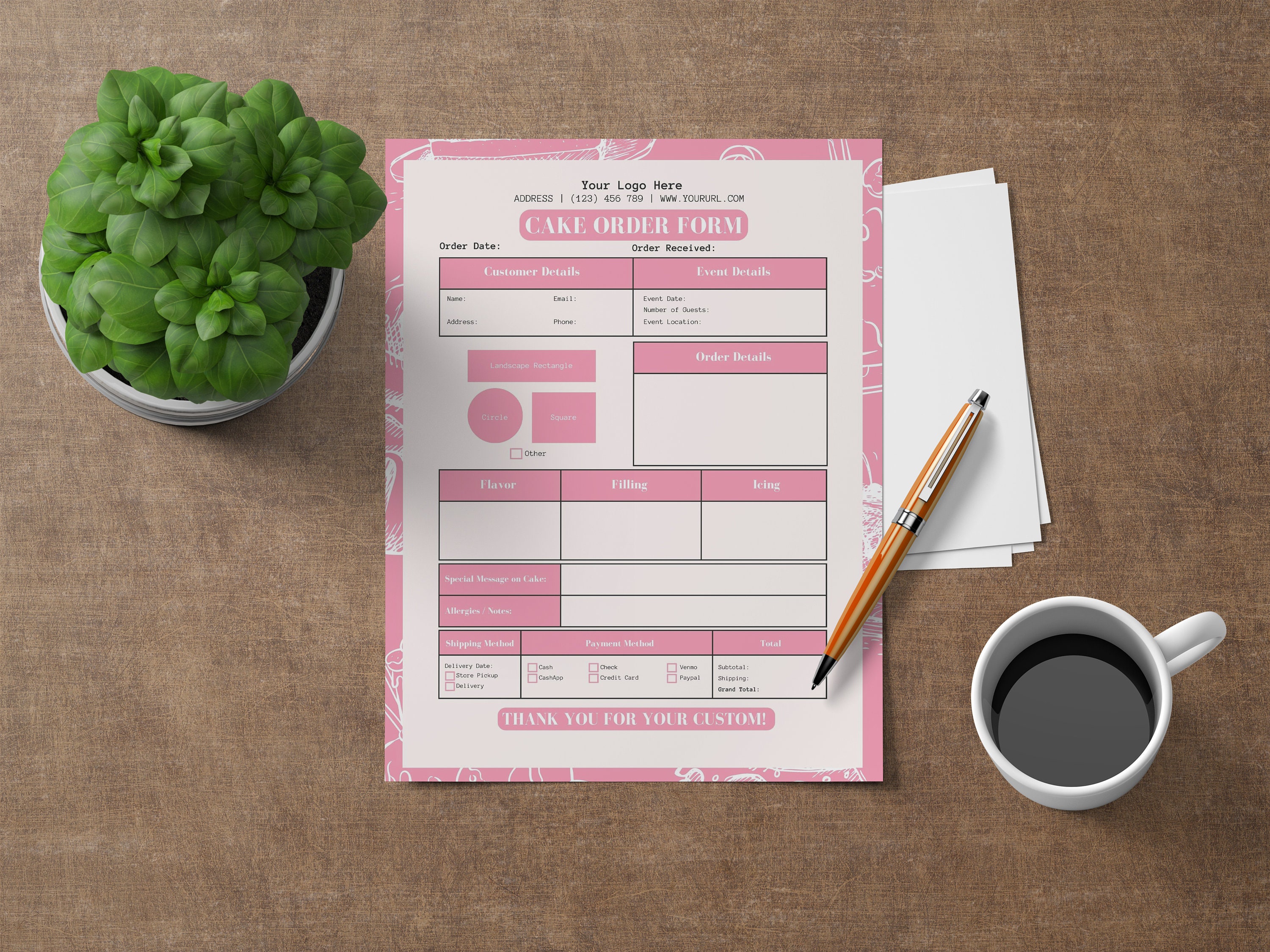 Cake Pink Order Form Template Printable & Fully Editable CANVA FREE ...