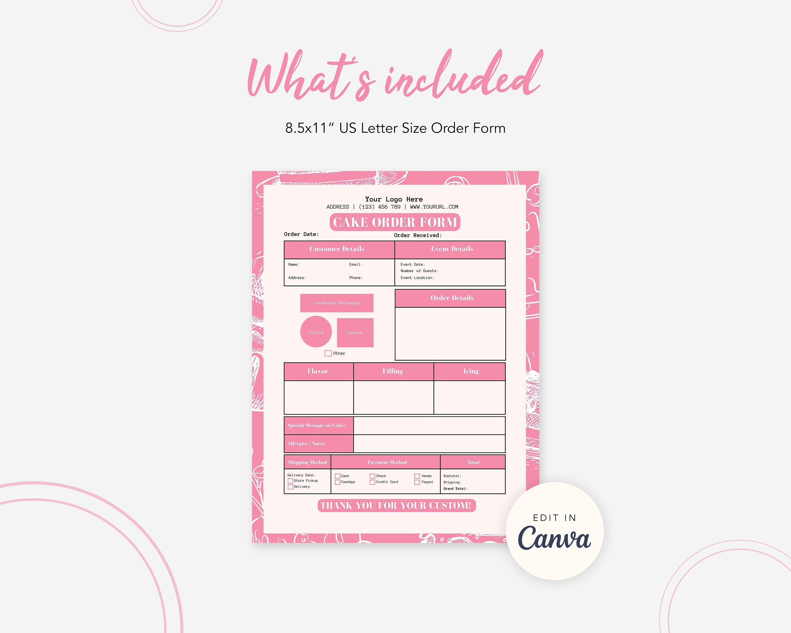 Cake Pink Order Form Template Printable & Fully Editable CANVA FREE ...