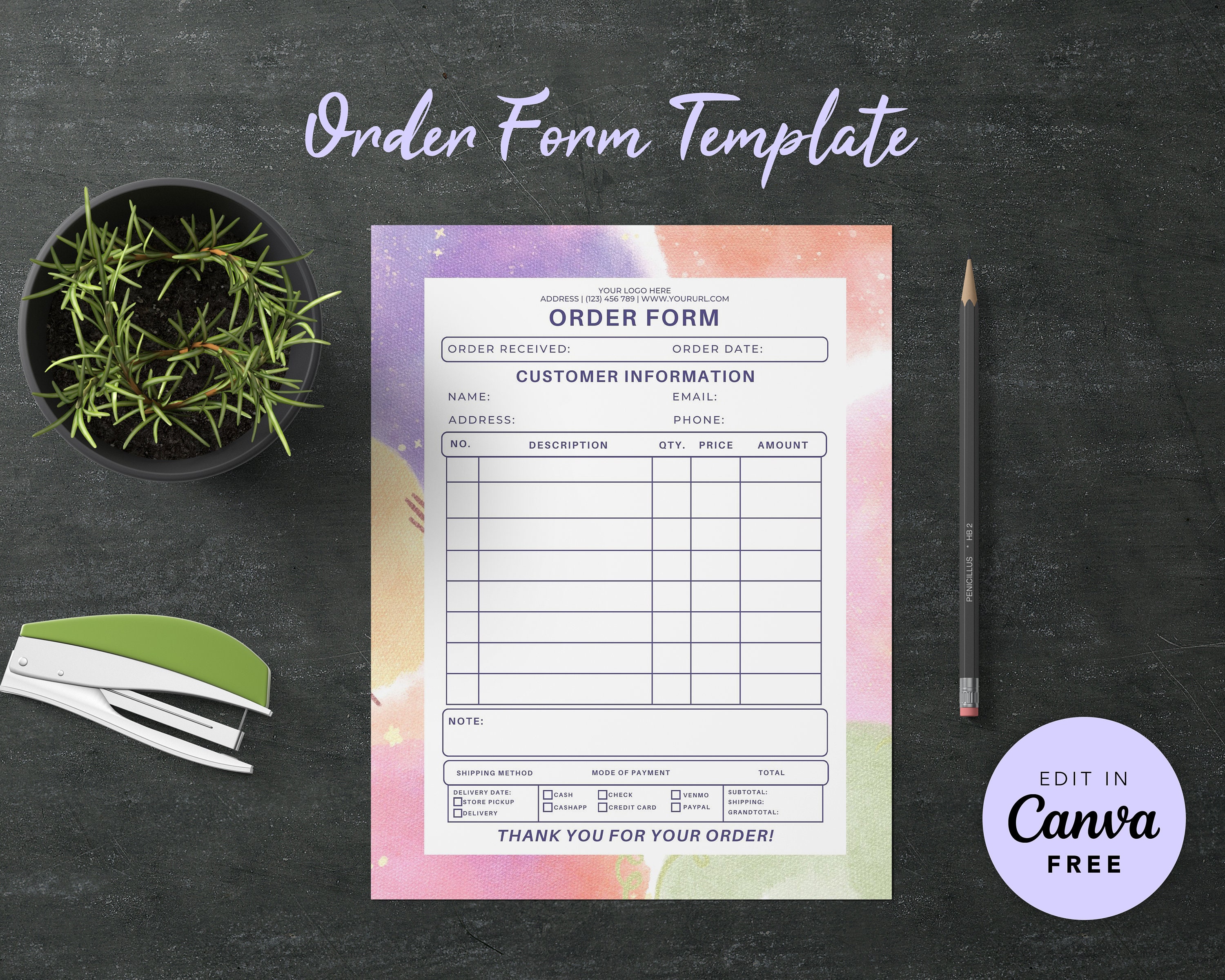 Modern Colourful Printable Order Form Template Editable CANVA FREE ...