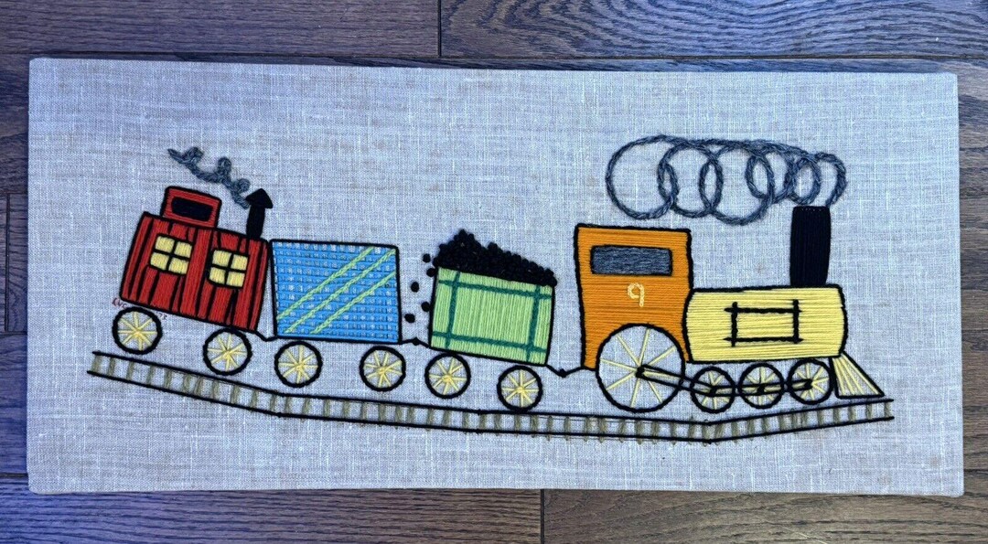 Crewel Embroidery Mid Century Vibrant Train on Tracks 12”x27” Unique ...