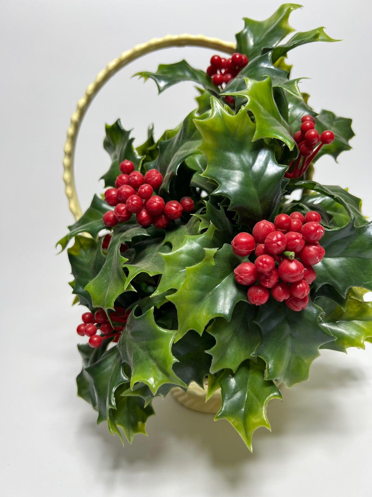 Kitschy Vintage Faux Holly in off White Lattice Basket Christmas Decor ...