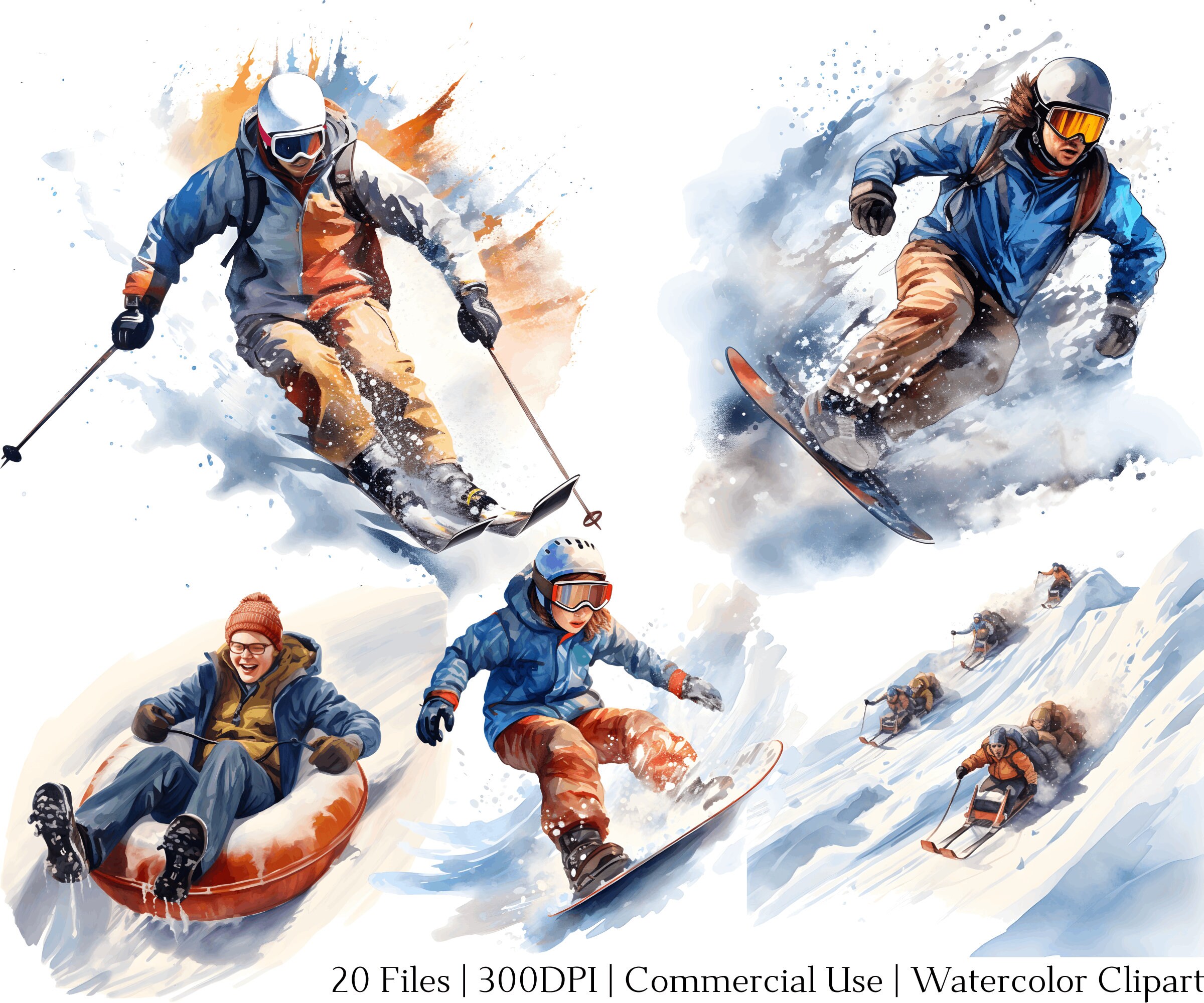 Watercolor Winter Sledding Clipart Set: 20 PNG & PDF Files - Etsy