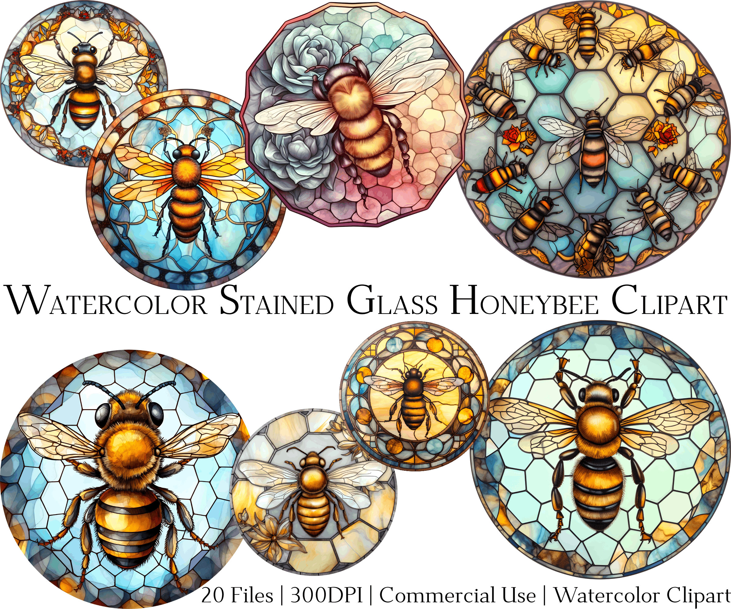 Watercolor Stained Glass Honeybee Clipart: 20 PNG + PDF Files - Etsy