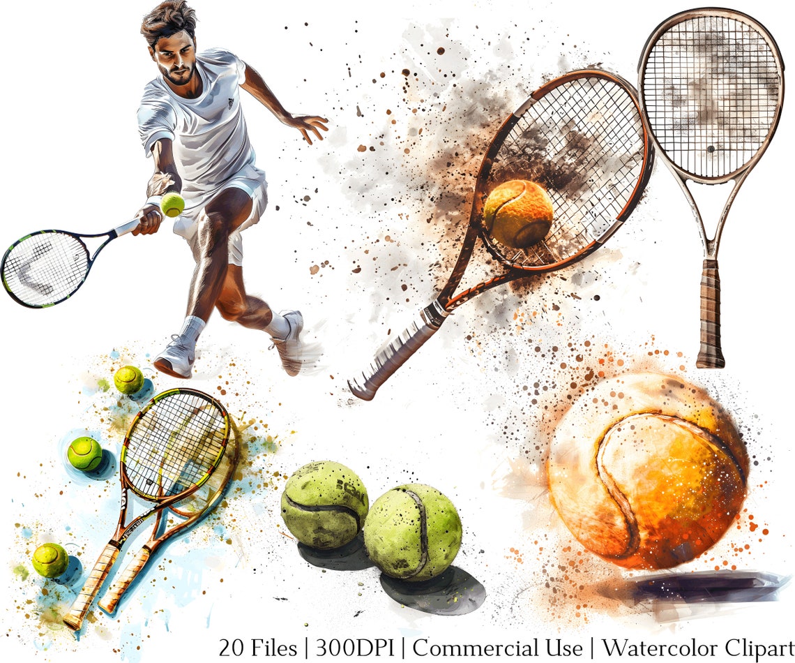 Watercolor Tennis Clipart Set of 20 Files With Instant Download ...