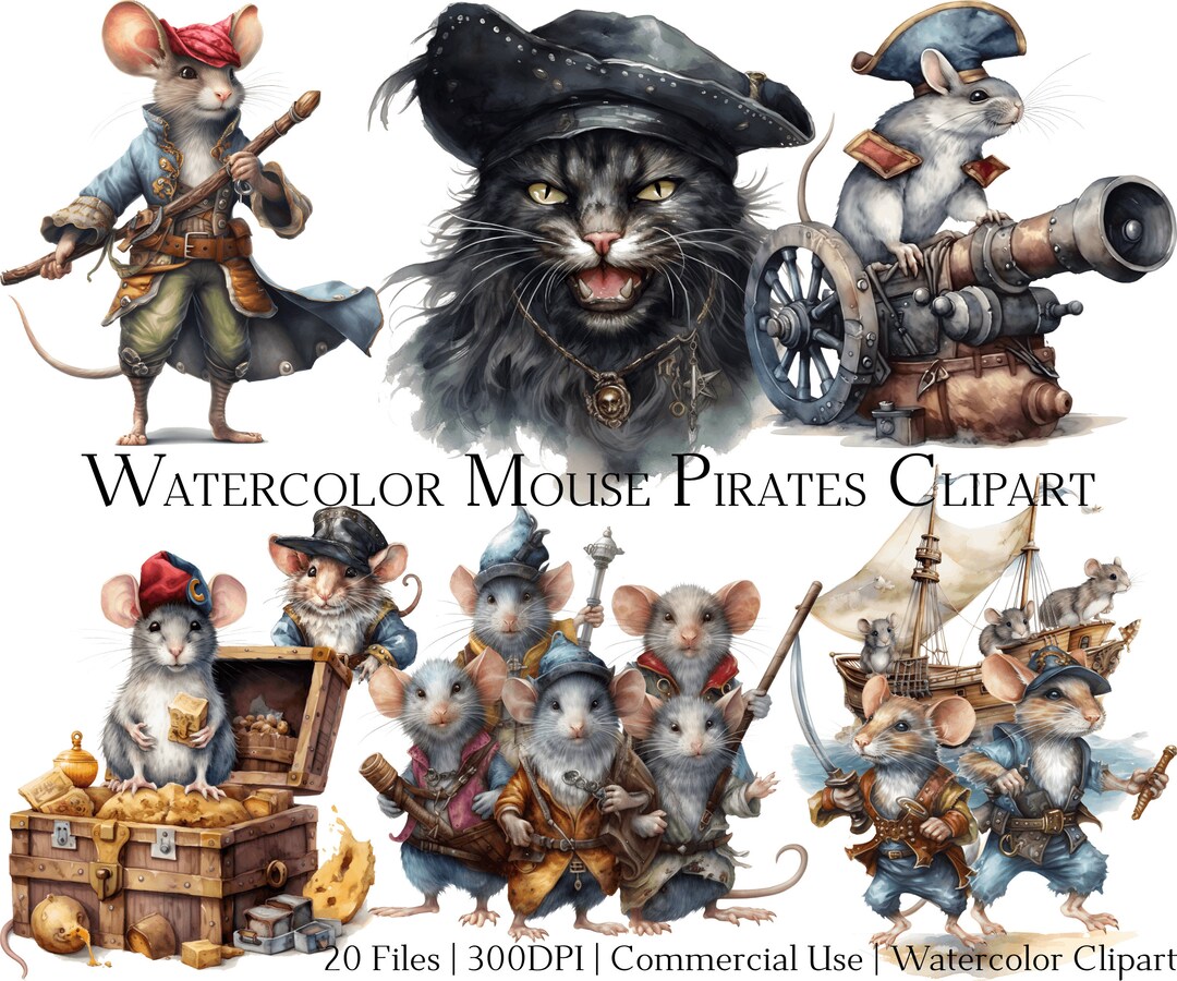 Watercolor Mouse Pirate Clipart Set of 20 Files With Instant Download ...