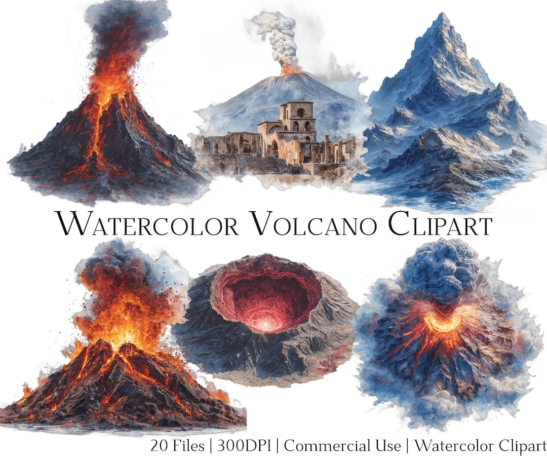 Watercolor Volcano Clipart Set: Commercial Use PNG & PDF (digital ...