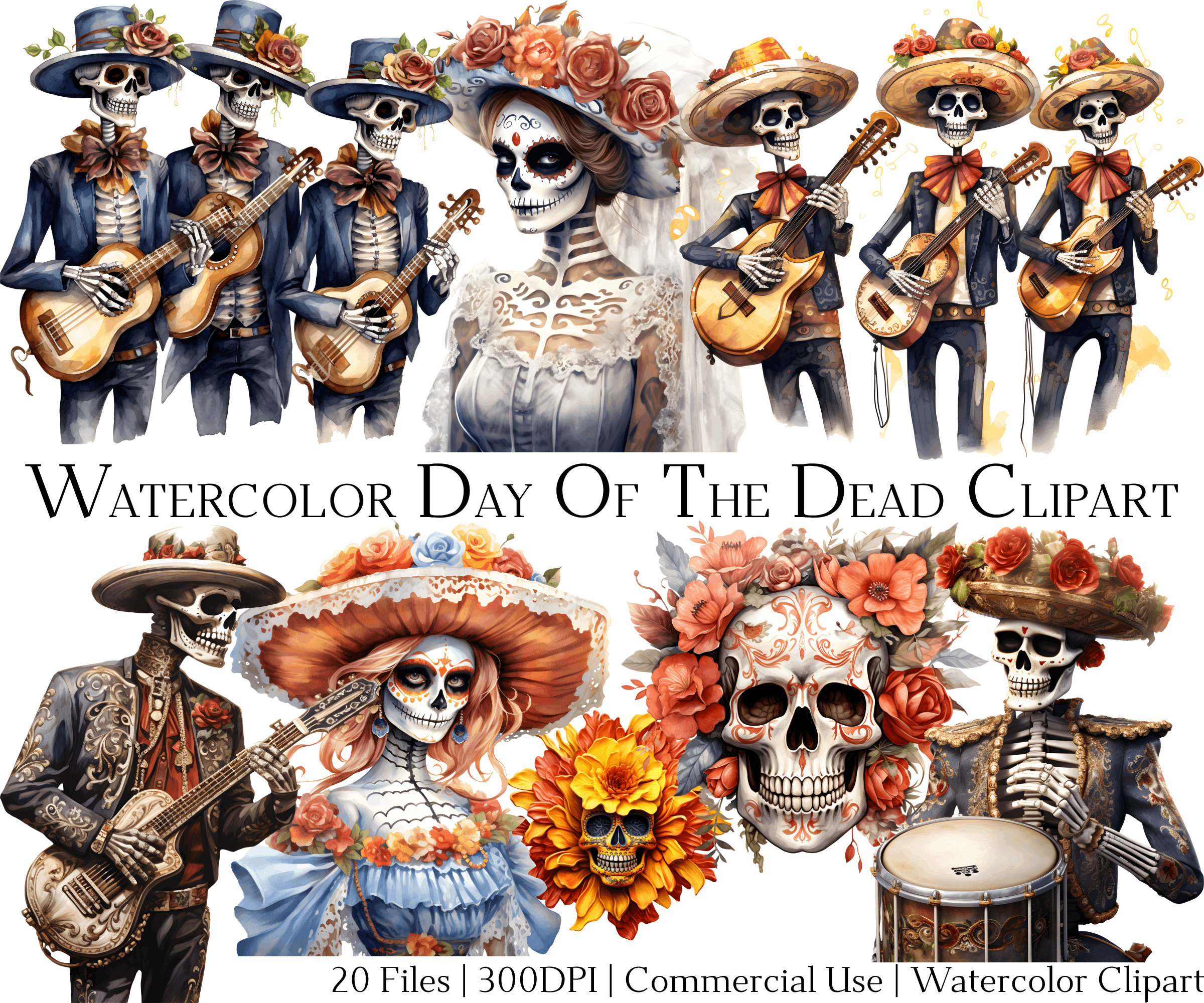 Watercolor Day of the Dead Clipart Set of 20 Files With - Etsy