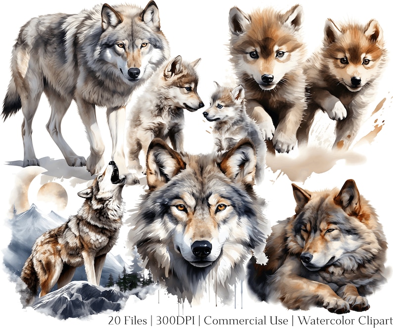 Watercolor Wolves Clipart Set of 20 Files With Instant Download ...