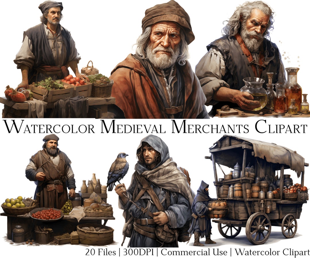 Watercolor Medieval Merchants Clipart: 20 PNG & PDF Files (commercial ...