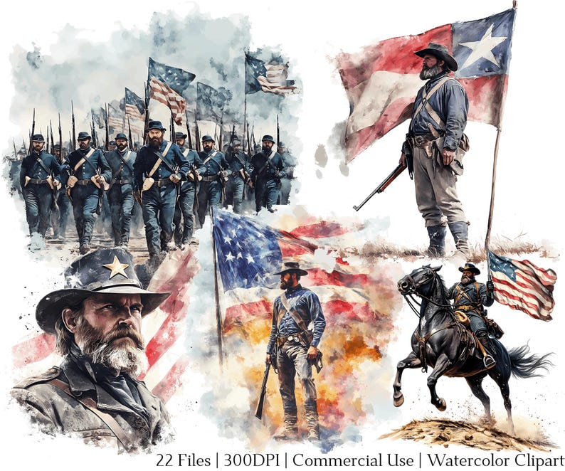 Watercolor Civil War Clipart Set, Patriotic Illustrations (PNG + PDF ...