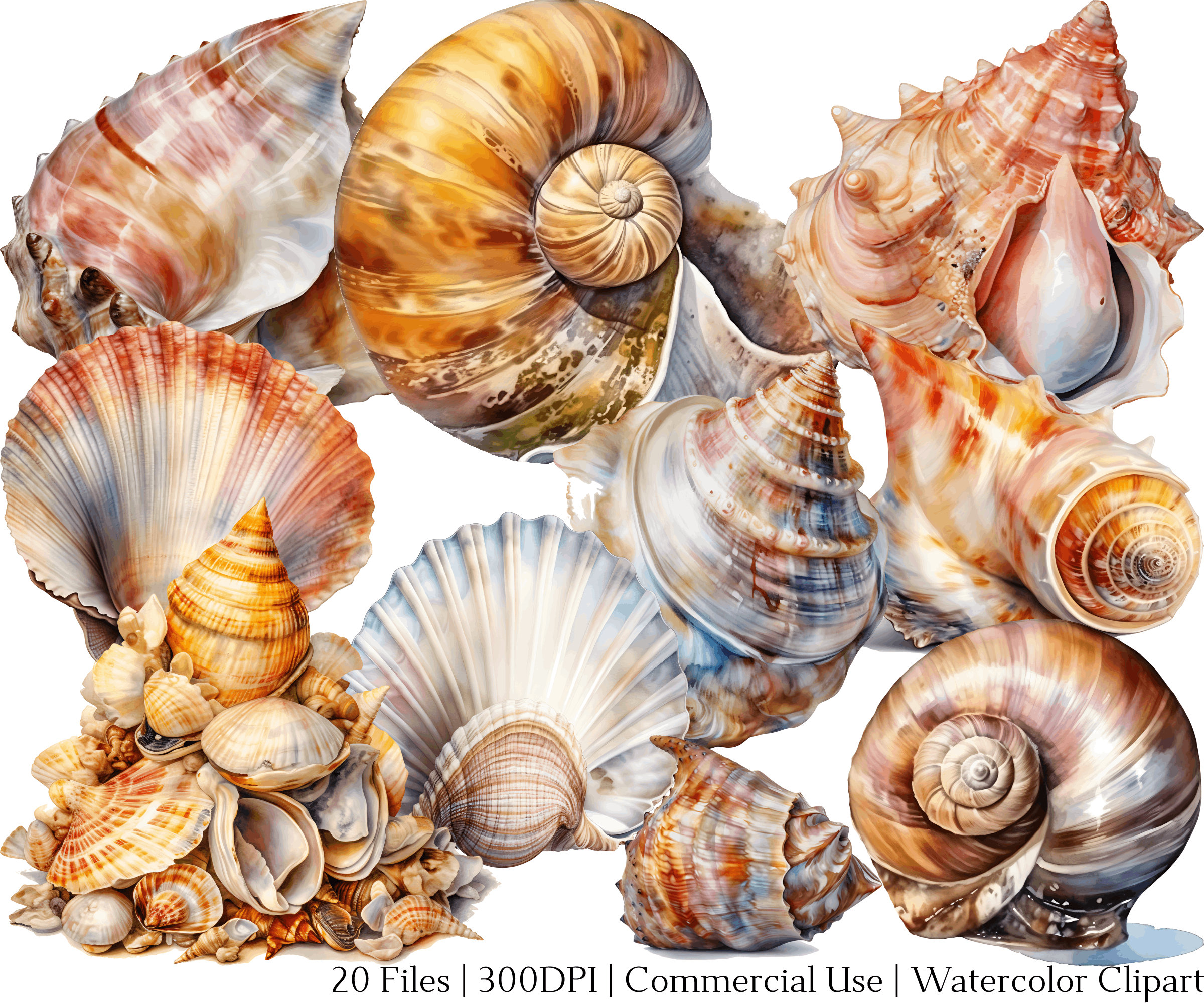 Watercolor Sea Shells Clipart Set of 20 Files With Instant Download ...