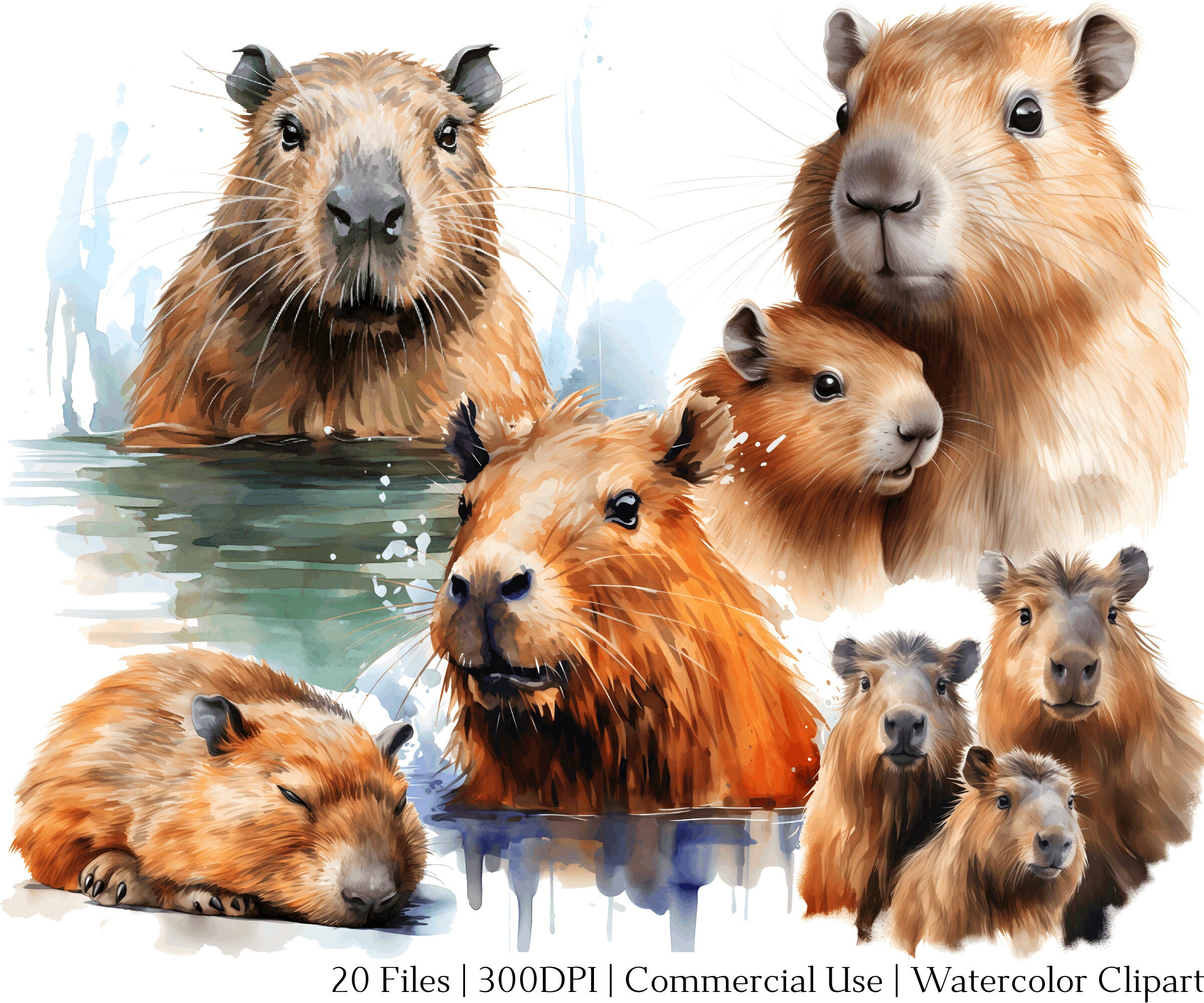 Watercolor Capybara Clipart Set: 20 PNG & PDF Files (commercial Use) - Etsy