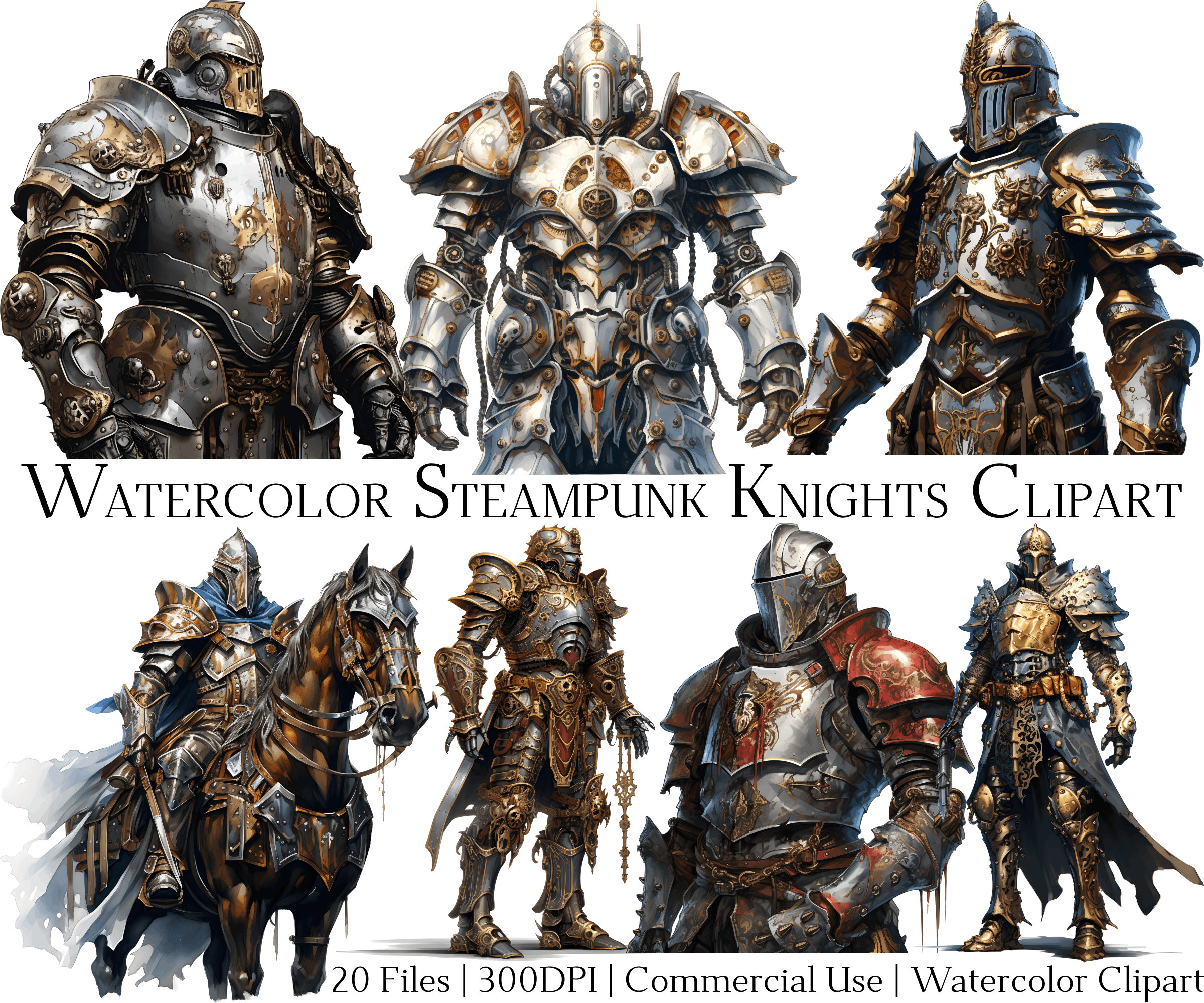 Watercolor Steampunk Knights Clipart Set of 20 Files With Instant ...