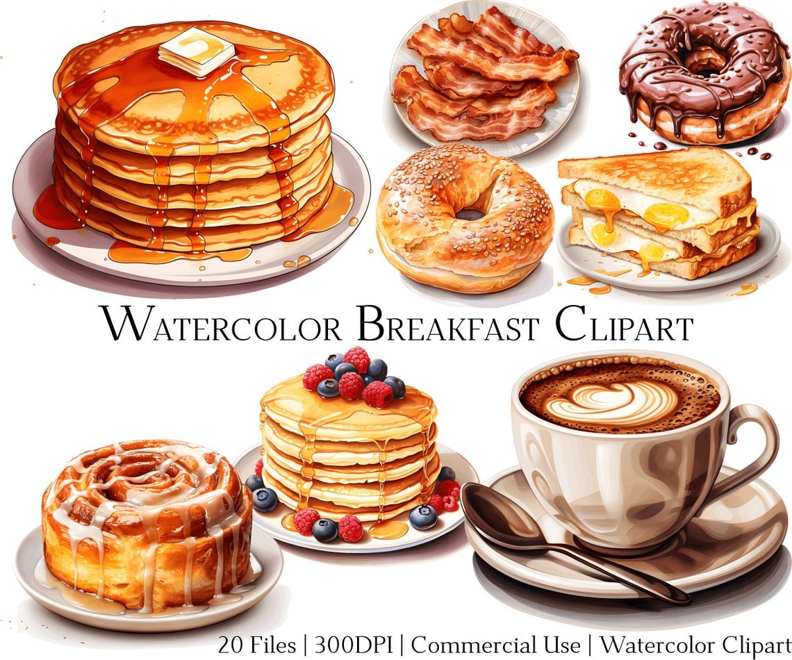 Watercolor Breakfast Clipart Set of 20 Files With Instant Download ...