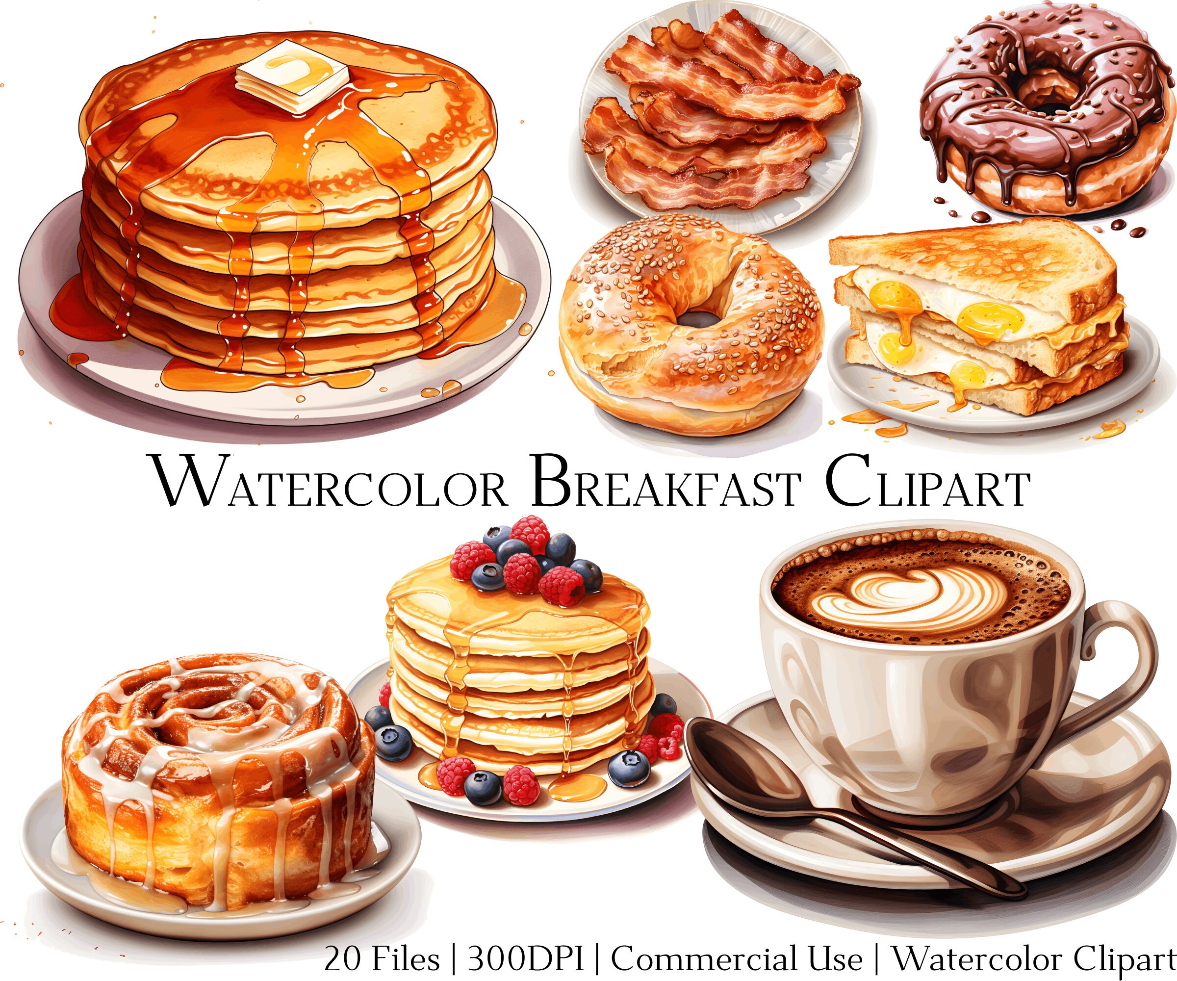 Watercolor Breakfast Clipart Set of 20 Files With Instant Download ...