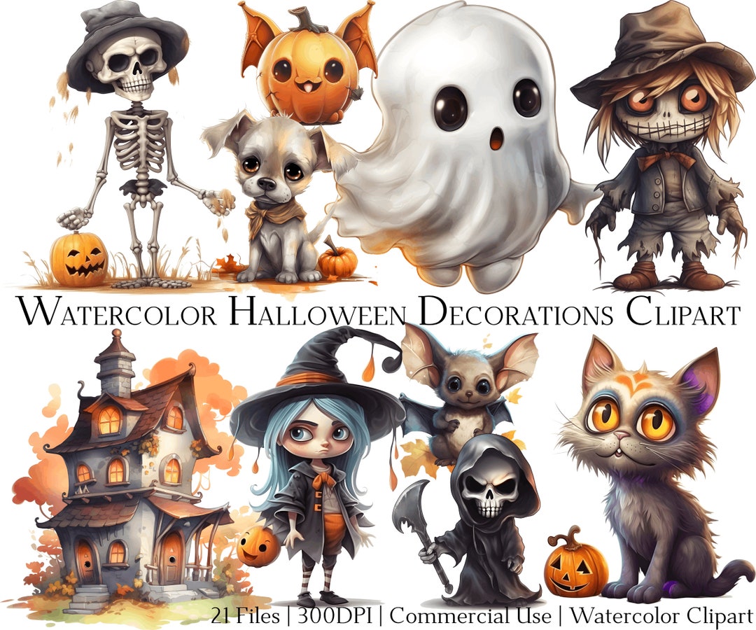 Watercolor Halloween Clipart Set, Spooky Graphics (PNG + PDF) - Etsy